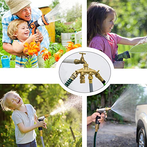 HQMPC 4 Way Hose Splitter 3/4" GHT Garden Hose Splitter 4 Way Solid Brass Hose Connector Heavy Duty Hose Spigot Adapter With 4 Valves 8 Gaskets +2 Seal Tapes