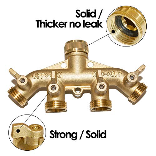 HQMPC 4 Way Hose Splitter 3/4" GHT Garden Hose Splitter 4 Way Solid Brass Hose Connector Heavy Duty Hose Spigot Adapter With 4 Valves 8 Gaskets +2 Seal Tapes