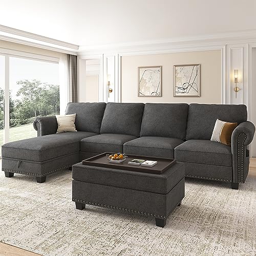 Nolany Convertible Sectional Sofa Couch, L Shaped Couch with Storage Ottoman Reversible Sofa with Chaise Small Sectional Couches for Living Room Set, Dark Grey
