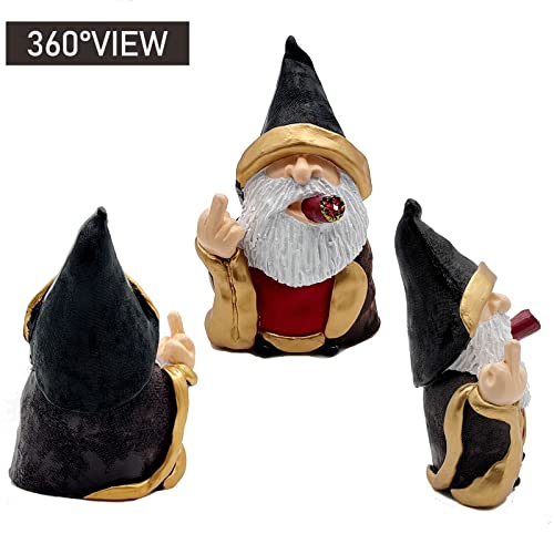 Hefaxi Funny Garden Gnome Statue,Middle Finger Smoking Wizard Gnome,Cool Old Wizard Christmas Man with White Beard,6.3inch Naughty Garden Sculpture Decoration