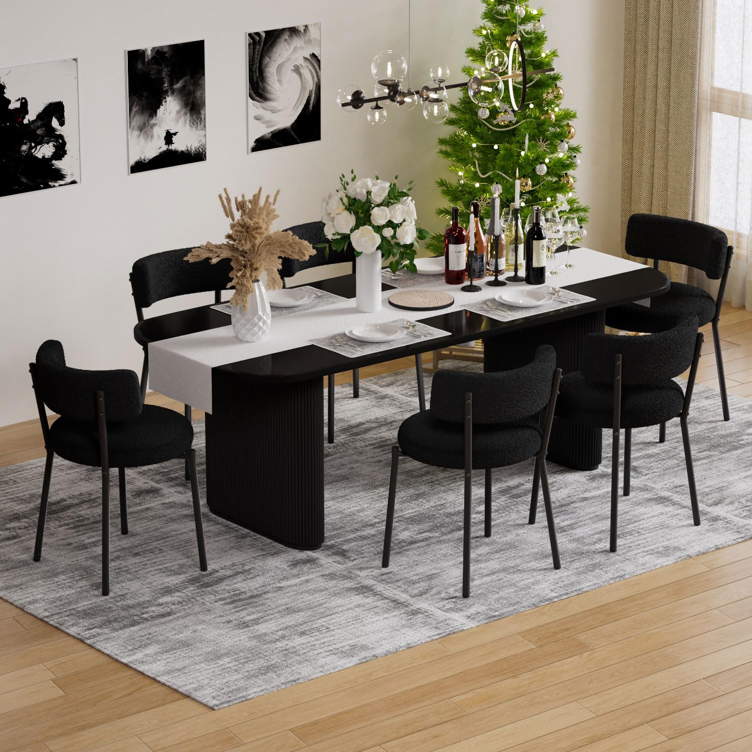 HAIZAO Modern Dining Chairs Set of 4, Round Upholstered Boucle Sherpa Dining Chairs, Curved Backrest Kitchen Dining Room Chairs, Mid-Century Black Dining Chair with Black Metal Legs