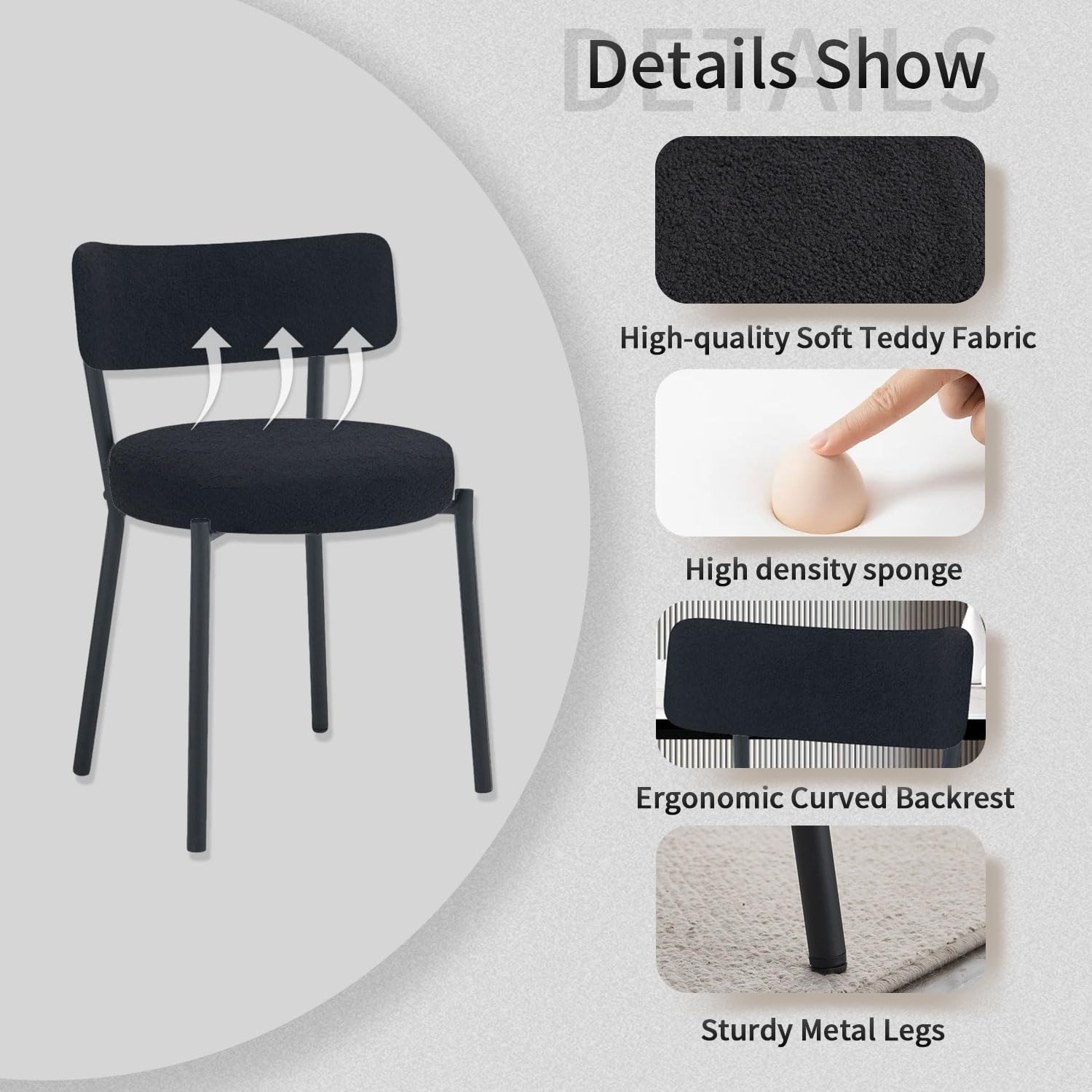 HAIZAO Modern Dining Chairs Set of 4, Round Upholstered Boucle Sherpa Dining Chairs, Curved Backrest Kitchen Dining Room Chairs, Mid-Century Black Dining Chair with Black Metal Legs