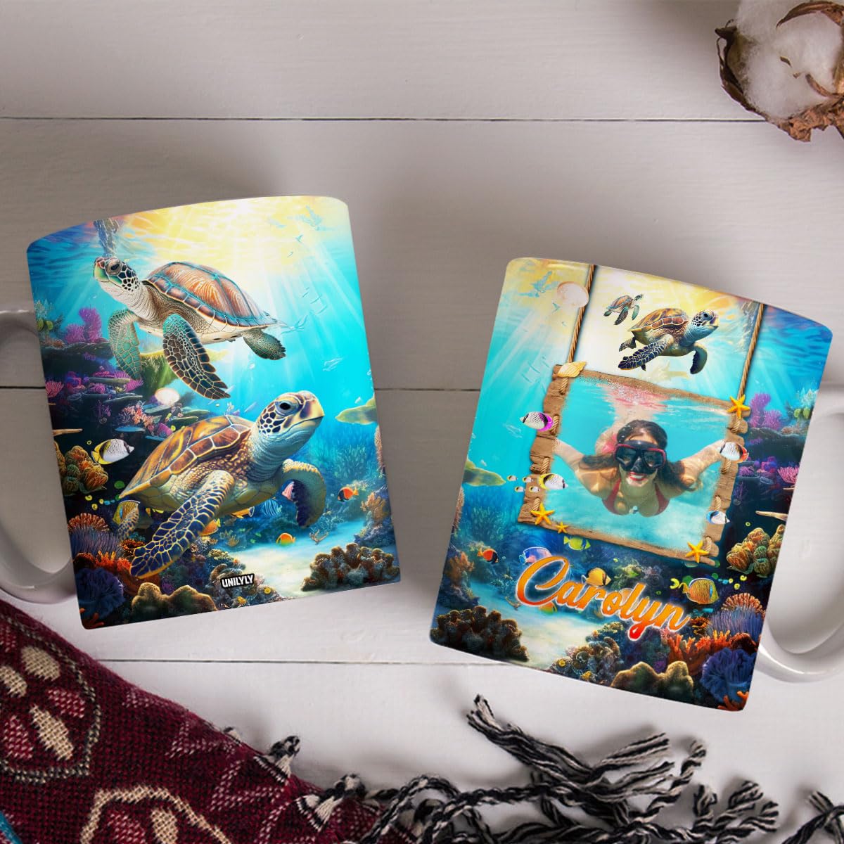 White Ceramic Coffee Mug Photo Mugs Personalized Picture Turtle Custom Name Birthday Gifts For Women Friends Teens Ocean Lovers Novelty Cup Table Desk Accessories 11 and 15 Oz