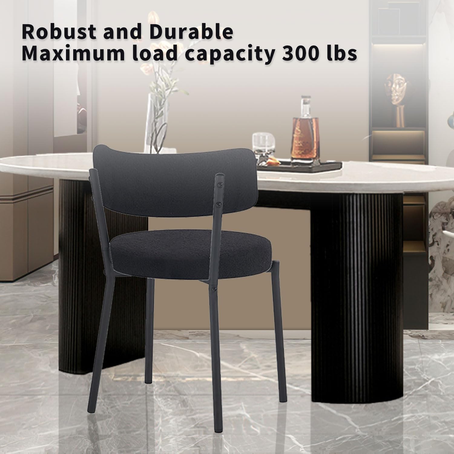 HAIZAO Modern Dining Chairs Set of 4, Round Upholstered Boucle Sherpa Dining Chairs, Curved Backrest Kitchen Dining Room Chairs, Mid-Century Black Dining Chair with Black Metal Legs