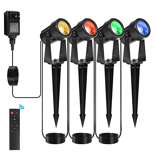 Pikapi Outdoor RGB Landscape Lights Color Changing Plug in Remote Control 14V Low Voltage 14M/46FT IP65 Waterproof LED Spotlights with Transformer for Pathway Garden Backyard Tree Flag (4 in 1)