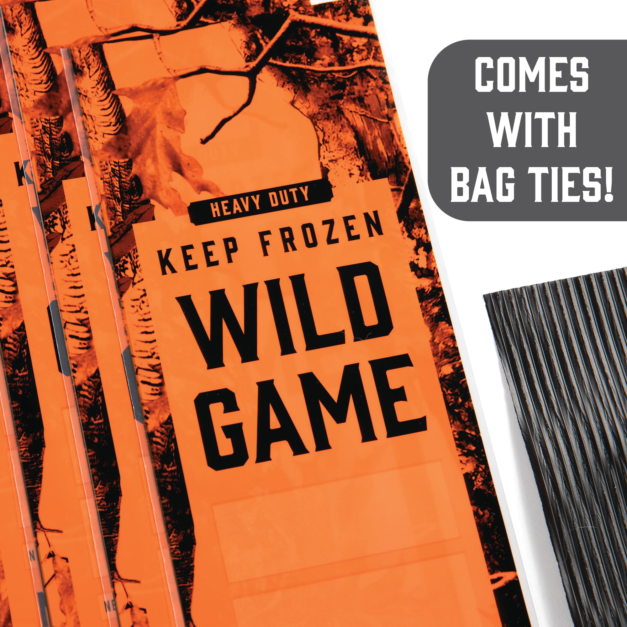 Klarny Outdoors Wild Game Freezer Bags for Ground Meat or Venison, 1.5 LB Blaze Orange Camouflage Hunting Meat Packaging Storage System with Twist Ties for Preventing Freezer Burn (50 Bags)