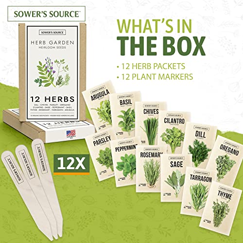 SOWER'S SOURCE Herb Seeds For Planting - 12 Non-GMO Herb Garden Seeds for Planting Herbs: Basil Seeds, Dill, Chives, Oregano, Sage, Peppermint, Cilantro, Thyme, Rosemary, Tarragon, Parsley, Arugula