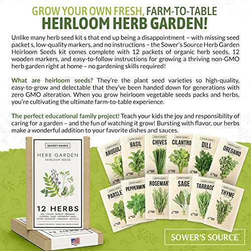 SOWER'S SOURCE Herb Seeds For Planting - 12 Non-GMO Herb Garden Seeds for Planting Herbs: Basil Seeds, Dill, Chives, Oregano, Sage, Peppermint, Cilantro, Thyme, Rosemary, Tarragon, Parsley, Arugula