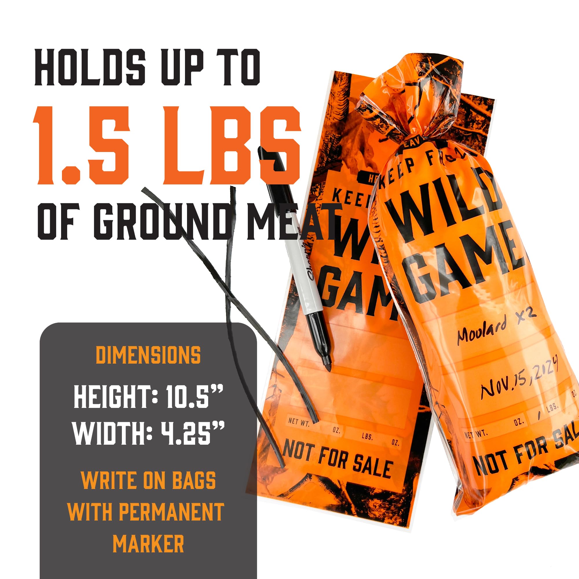 Klarny Outdoors Wild Game Freezer Bags for Ground Meat or Venison, 1.5 LB Blaze Orange Camouflage Hunting Meat Packaging Storage System with Twist Ties for Preventing Freezer Burn (50 Bags)