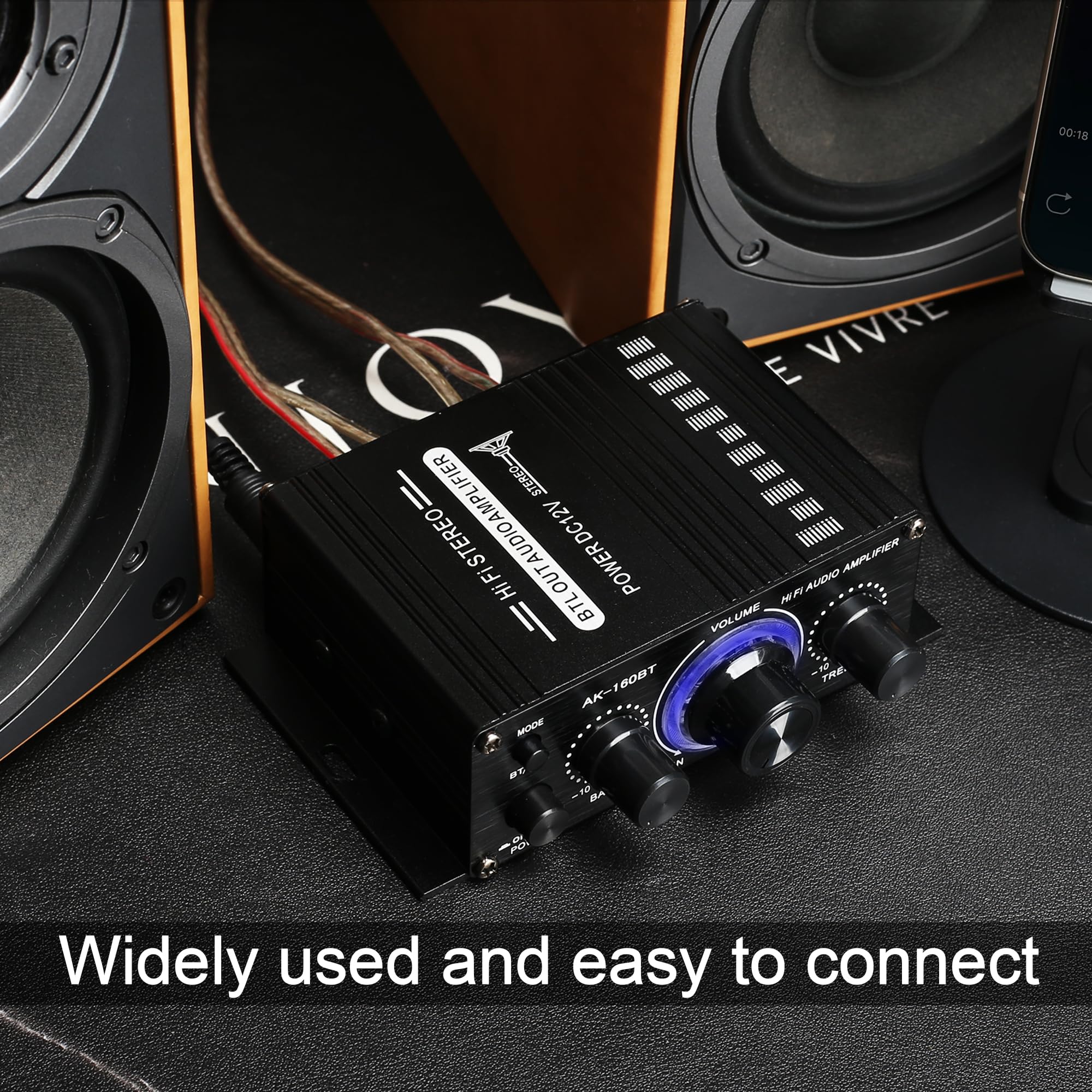 AK-160 Bluetooth Amplifier 18W+18W Power Output with 12V/3A DC Power Supply,2.0 Channels Bluetooth Amplifier Supports Bluetooth/RCA Input