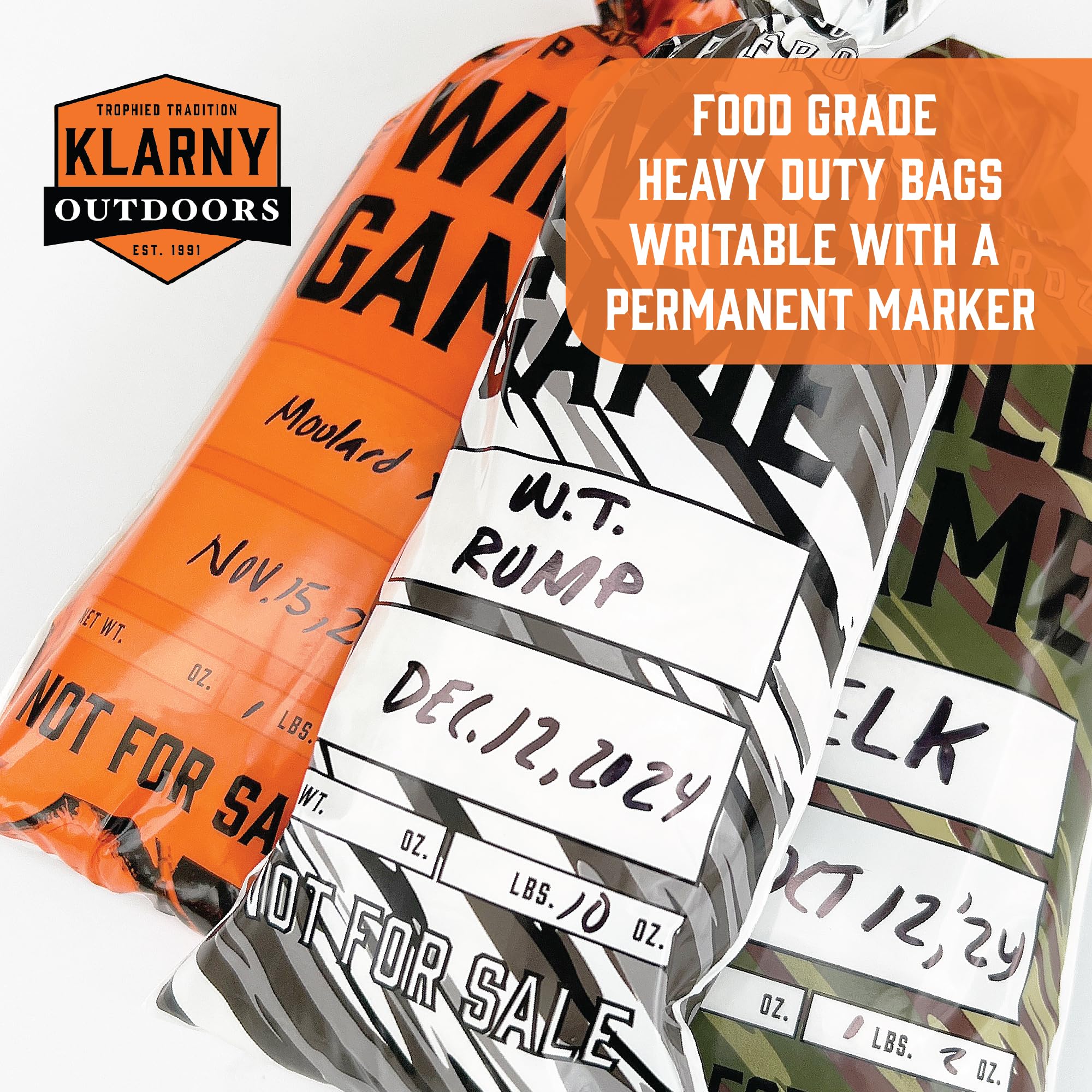 Klarny Outdoors Wild Game Freezer Bags for Ground Meat or Venison, 1.5 LB Blaze Orange Camouflage Hunting Meat Packaging Storage System with Twist Ties for Preventing Freezer Burn (50 Bags)