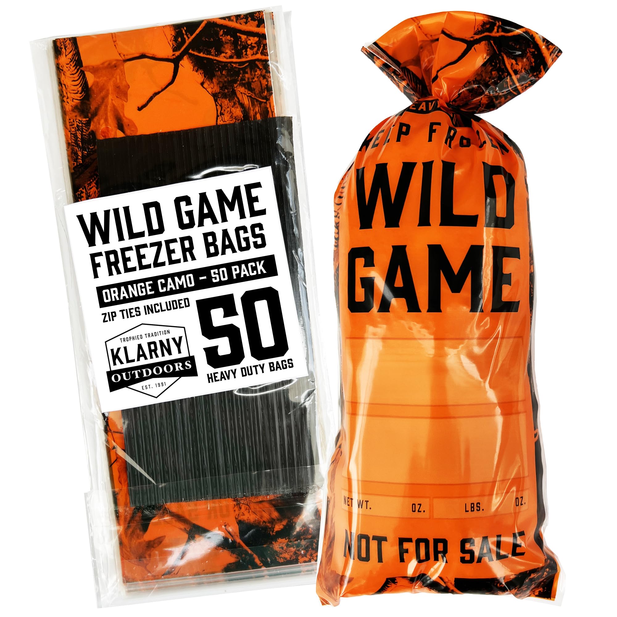 Klarny Outdoors Wild Game Freezer Bags for Ground Meat or Venison, 1.5 LB Blaze Orange Camouflage Hunting Meat Packaging Storage System with Twist Ties for Preventing Freezer Burn (50 Bags)