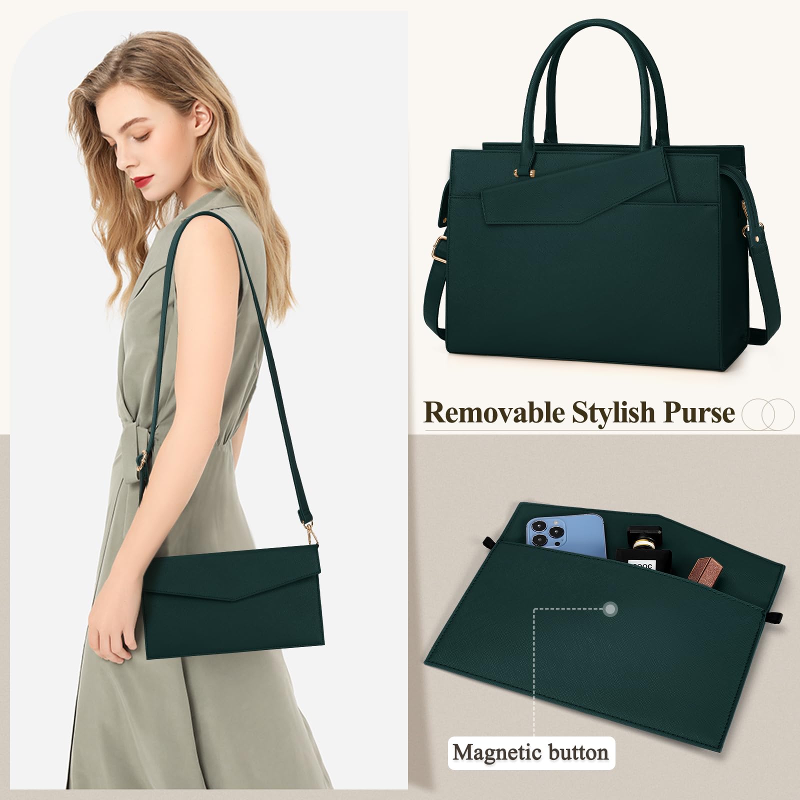 NEWHEY Women's Dark Green Leather Tote and Envelope Bag Set, 16.9in x 5.9in x 12.5in, 2-in-1 Design, Magnetic Closure, Adjustable Shoulder Strap