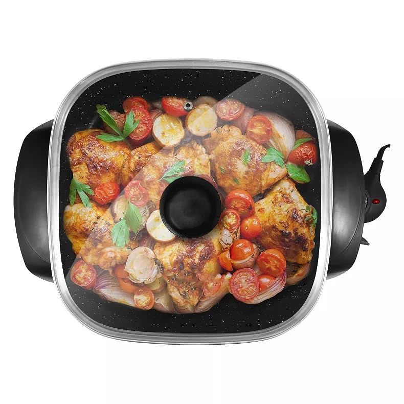 12-inch Electric Skillet with Lid, Non-Stick Surface, Adjustable Temperature Control, Ideal for Cooking and Serving, Black