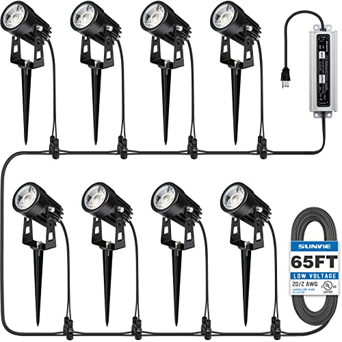 SUNVIE Outdoor Spot Lights for Yard, Low Voltage Landscape Lighting Kit with Transformer 65FT Wire and Connectors, 3000K Outdoor Spotlights for House, Waterproof Garden Lights Outdoor Electric, 8 Pack