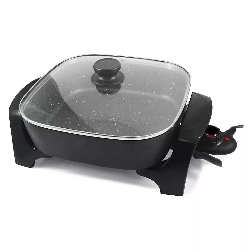 12-inch Electric Skillet with Lid, Non-Stick Surface, Adjustable Temperature Control, Ideal for Cooking and Serving, Black