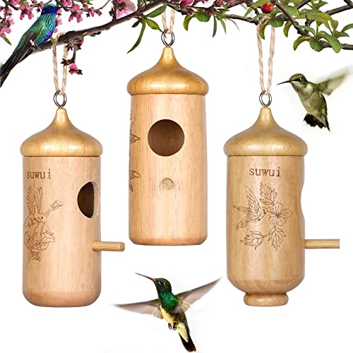 Hummingbird House for Outside, Wooden Hummingbird Houses for Nesting, Natural Humming Bird Nests for Outdoors Hanging, Decoration Gifts for Home Garden Backyard,3 Pack