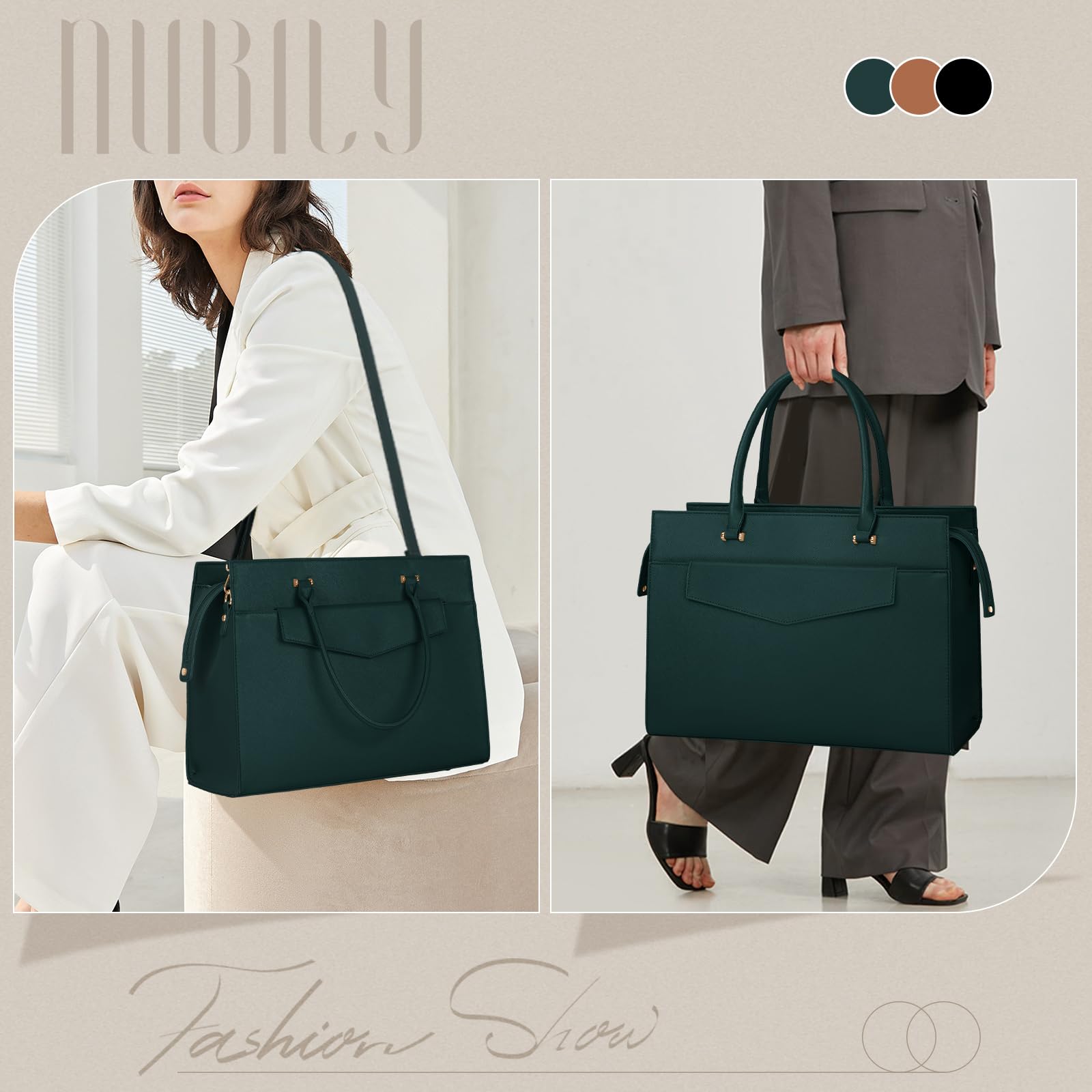 NEWHEY Women's Dark Green Leather Tote and Envelope Bag Set, 16.9in x 5.9in x 12.5in, 2-in-1 Design, Magnetic Closure, Adjustable Shoulder Strap