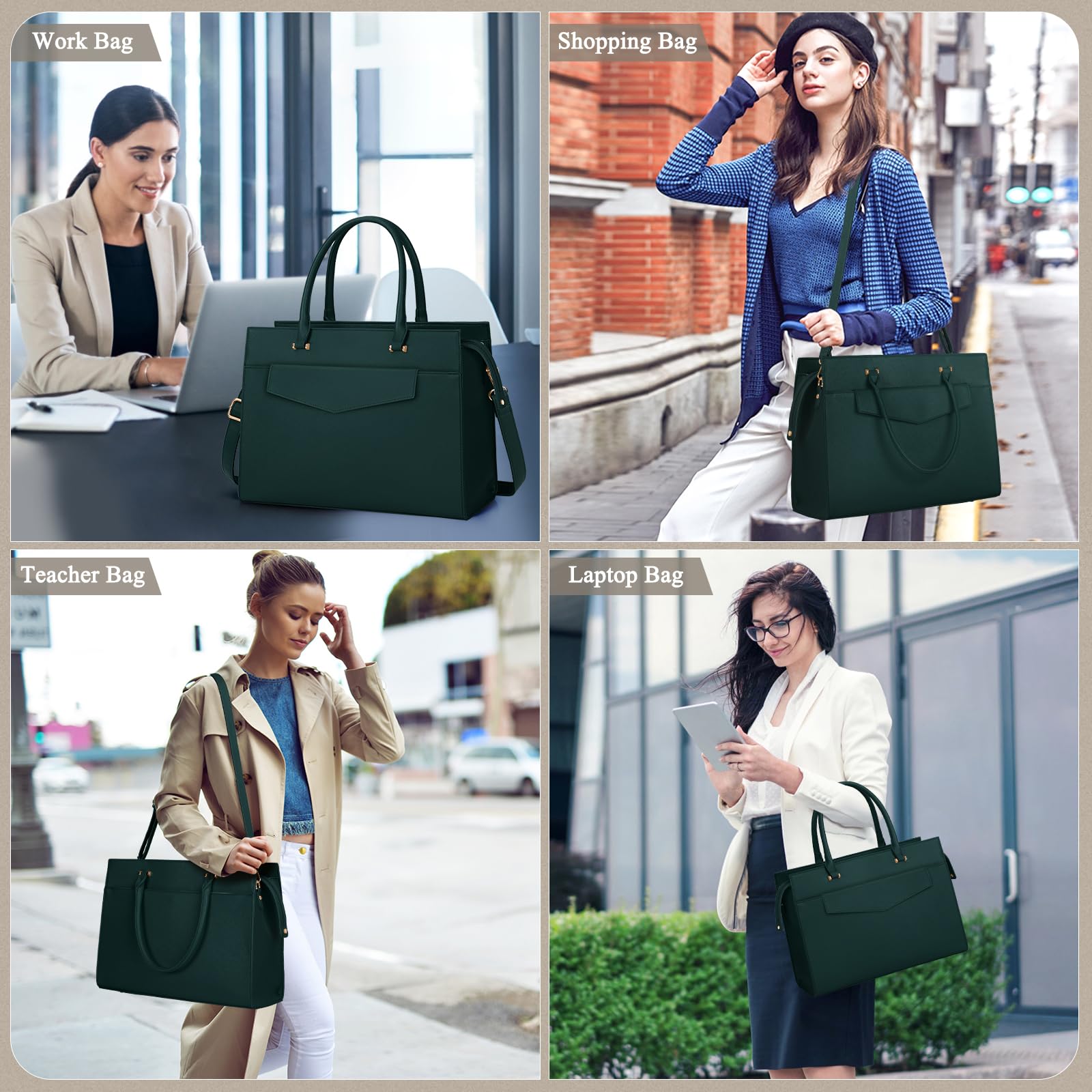NEWHEY Women's Dark Green Leather Tote and Envelope Bag Set, 16.9in x 5.9in x 12.5in, 2-in-1 Design, Magnetic Closure, Adjustable Shoulder Strap