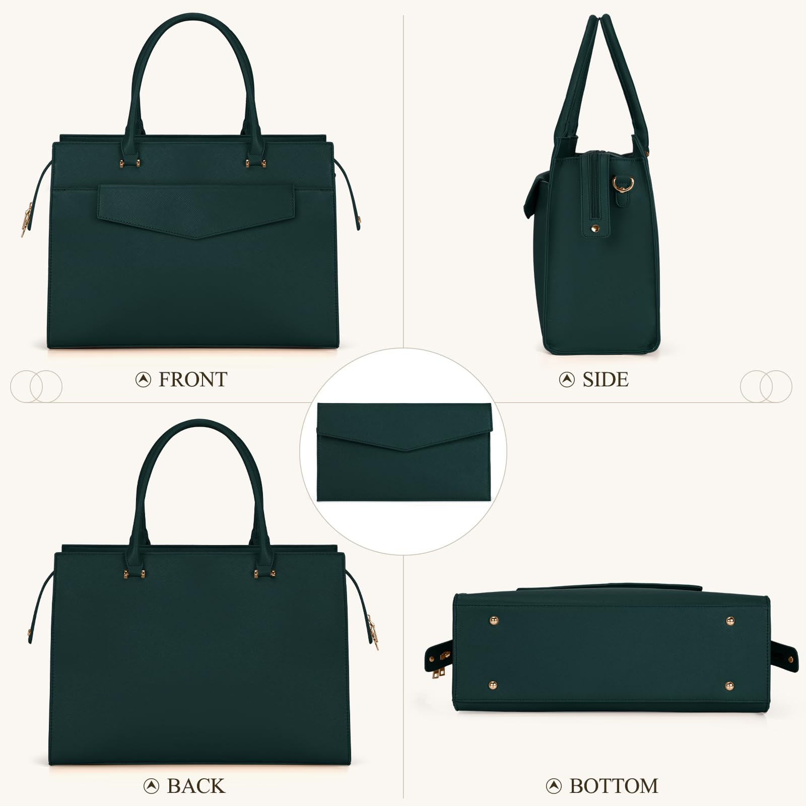 NEWHEY Women's Dark Green Leather Tote and Envelope Bag Set, 16.9in x 5.9in x 12.5in, 2-in-1 Design, Magnetic Closure, Adjustable Shoulder Strap