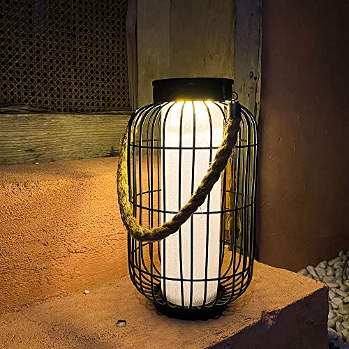 pearlstar Large Solar Powered Lantern Outdoor-Heavy Duty Metal Hanging Lights Decorative Solar Table Lamp Waterproof for Outside Patio Yard Garden Porch Tabletop Decor (Black)