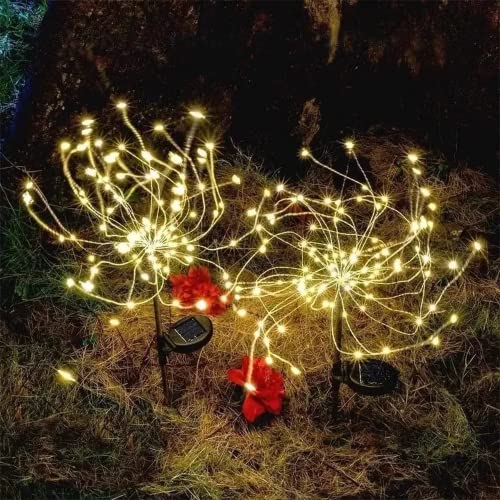 KHTO Solar Lights Outdoor Garden 120 LED Firework Lights with 8 Lighting Modes, IP65 Waterproof Solar Outdoor Lights Decorative for Walkway Patio Backyard Party (warmwhite,2)