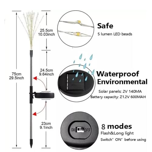 KHTO Solar Lights Outdoor Garden 120 LED Firework Lights with 8 Lighting Modes, IP65 Waterproof Solar Outdoor Lights Decorative for Walkway Patio Backyard Party (warmwhite,2)