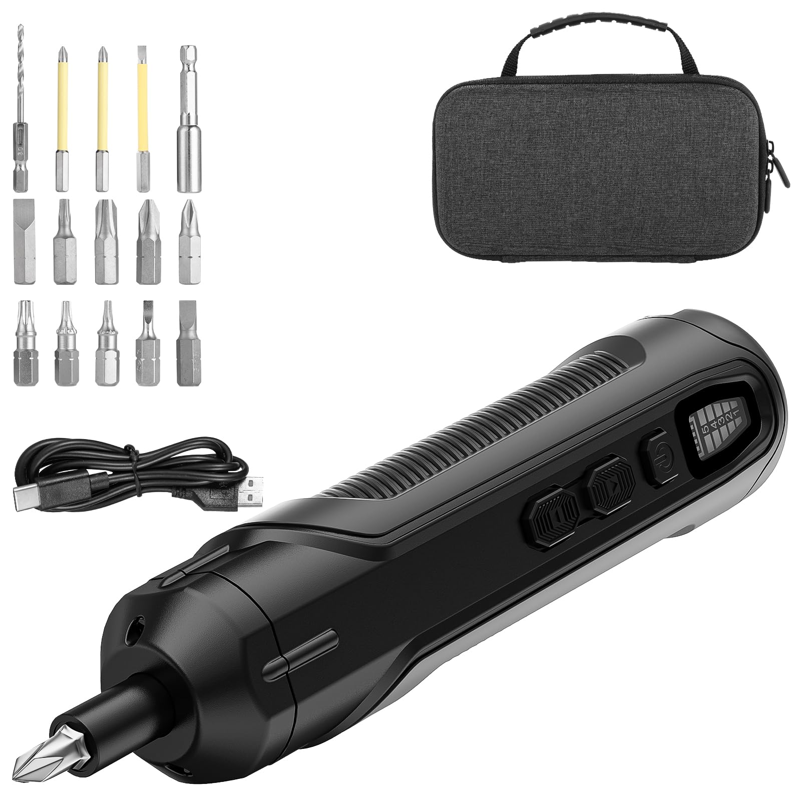 WANTOOL Cordless Screwdriver,15 in1 Magnetic Bits Electric Screwdriver,5 Torque Gear Power Screwdriver,Rechargeable 2200 mAh Battery Type-C Charging,With 2 Led Light,Carry Bag For Electrical Repairs
