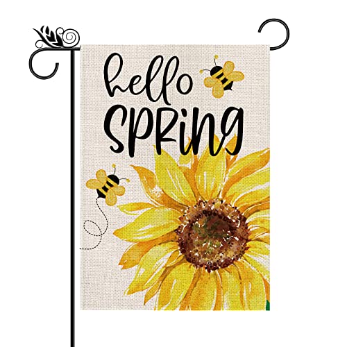 Spring Garden Flag Sunflower Bee Hello Spring Vertical Double Sided Yard Outdoor Decor 12.5x18 Inch