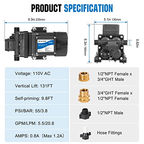 DC HOUSE 42-Series Brushless Motor Water Transfer Pump 110V 5.5GPM 55PSI, RV Water Pump 110 Volt Support Continuous Operation include 3/4" Garden Hose Adapters for Kitchen Bathroom RV Yacht