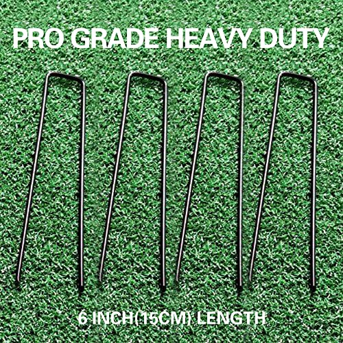 Bakulyor 50pcs Black Landscape Staples + 50pcs Buffer Washer, 6 Inch 11 Gauge Garden Stakes Staples, U Shaped Galvanized Lawn Pins Heavy Duty Yard Ground Pin for Weed Barrier Sod Fabric Decorations
