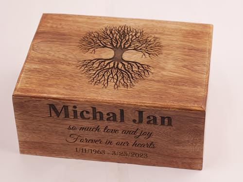 Personalized Wooden Urns for Human or Pet Ashes, Wooden Engraved Cremation Urn, Wood Funeral Urn - Keepsake Box, Memorial Urn or Casket - Tree of Life (Personalized, Large - 9" x 7" x 4" - 180 LBS)