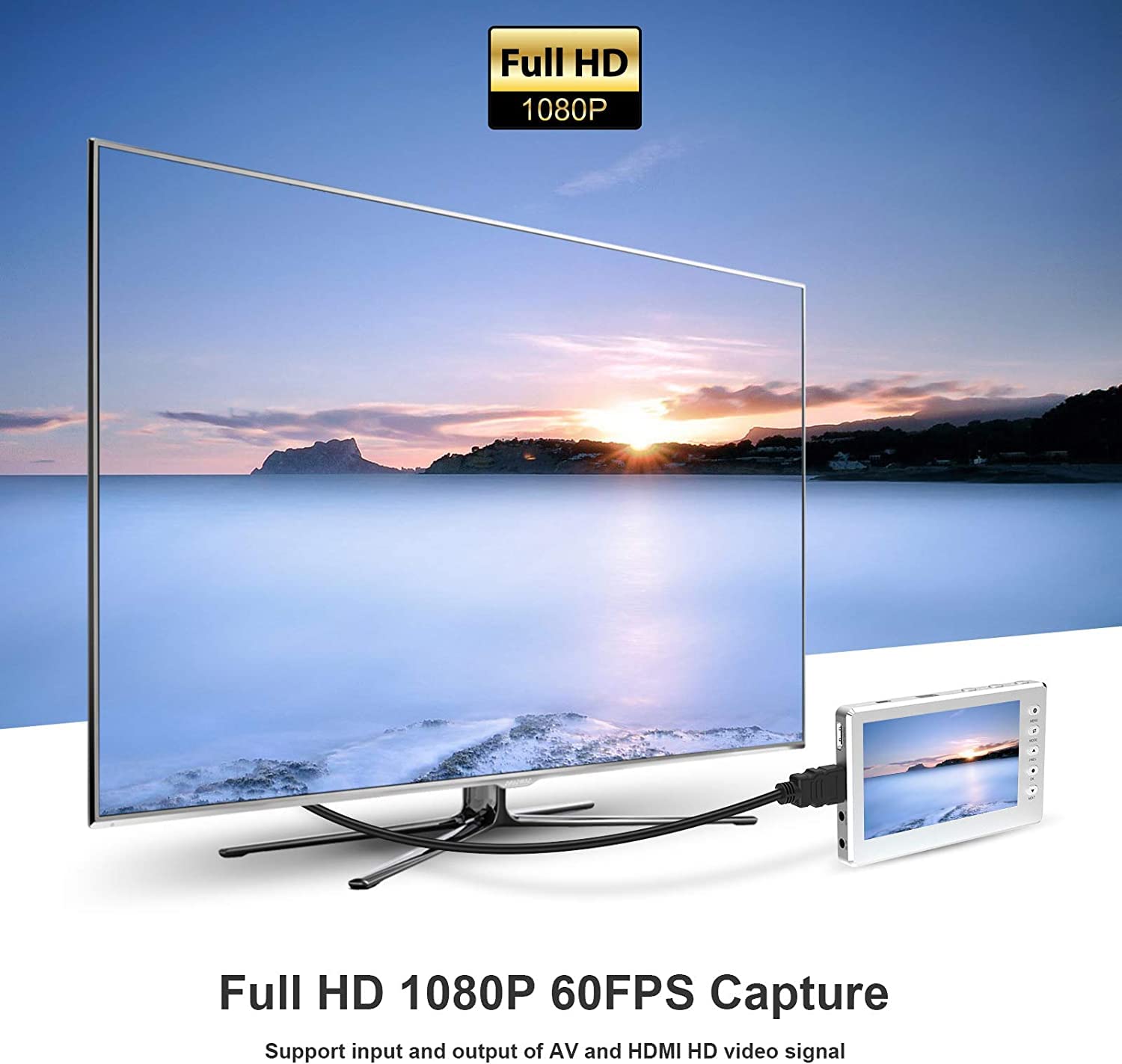 DIGITNOW HD Video Capture Box 1080P 60FPS USB 2.0 Video to Digital Converter with 5" OLED Screen, AV&HDMI Video Recorder Capture from VCR, DVD, VHS Tapes, Hi8, Camcorders, Gaming Systems -Silver