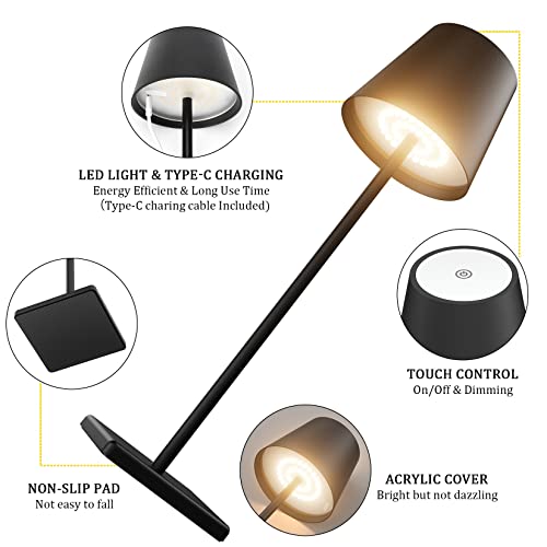 Howskys 2 Pack Black Cordless Table Lamp,5500mAh Battery Powered Table Lamp,3W Touch Rechargeable Battery Table Lamp 3000k Warm White,IP54 Indoor/Outdoor Table Lamp