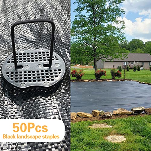 Bakulyor 50pcs Black Landscape Staples + 50pcs Buffer Washer, 6 Inch 11 Gauge Garden Stakes Staples, U Shaped Galvanized Lawn Pins Heavy Duty Yard Ground Pin for Weed Barrier Sod Fabric Decorations