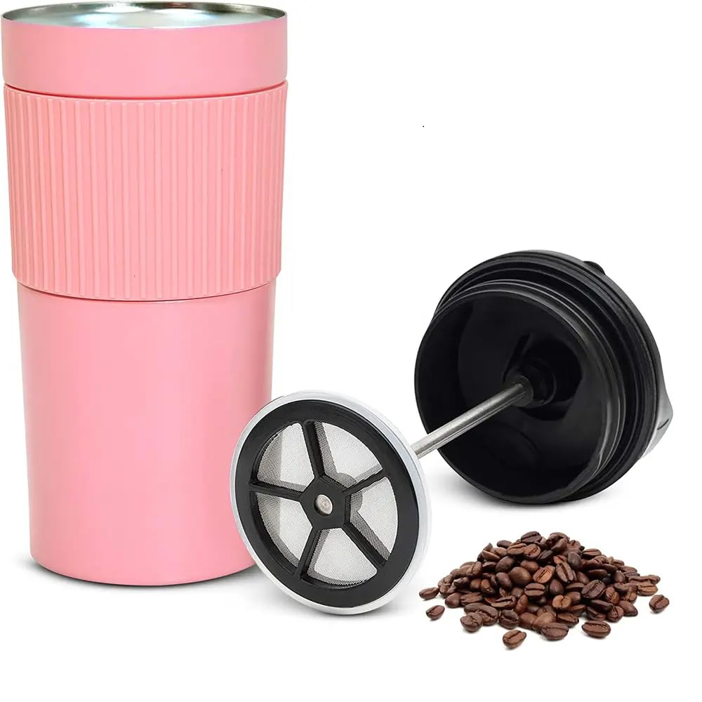 Pink Portable coffee maker, french press, Insulated Mug with double Wall Stainless Steel, 16oz,. French Press Tumbler, French press Mug, Portable coffee mug, Coffee maker, Travel press