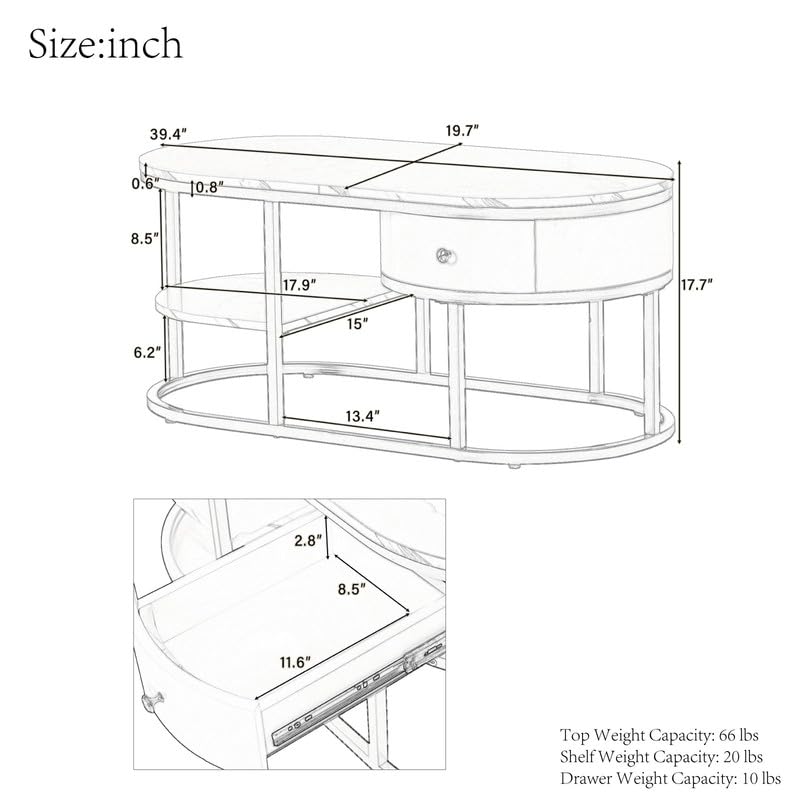 Qiyom Modern Faux Marble Coffee Table, Oval Coffee Table with Storage Shelf and Metal Frame, White Coffee Table Cocktail Table for Living Room, Home Office