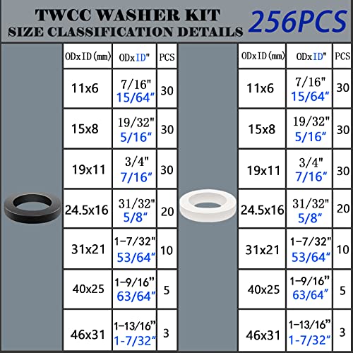 TWCC 256 Pcs Assorted Flat Rubber Washers Plumbing Large Gasket Assortment Kit Hose Gasket Set,for Garden Hose Adapter Water Tank Pipe Splitter Shower Head Water Meter Coupling Washers Repair