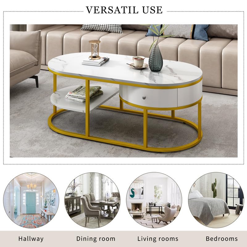 Qiyom Modern Faux Marble Coffee Table, Oval Coffee Table with Storage Shelf and Metal Frame, White Coffee Table Cocktail Table for Living Room, Home Office