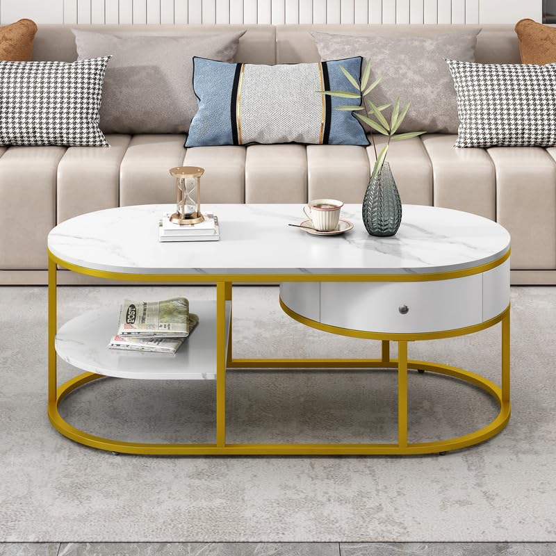 Qiyom Modern Faux Marble Coffee Table, Oval Coffee Table with Storage Shelf and Metal Frame, White Coffee Table Cocktail Table for Living Room, Home Office