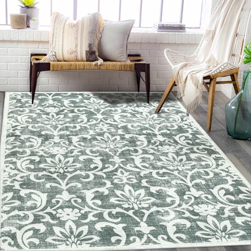Morebes Grey Washable Area Rug 5x7-Bedroom Living Room Large Indoor Rugs Soft Vintage Floral Rugs Non-Slip Backing Stain Resistant for Farmhouse Kitchen Dining Room Kids Playroom,Gray