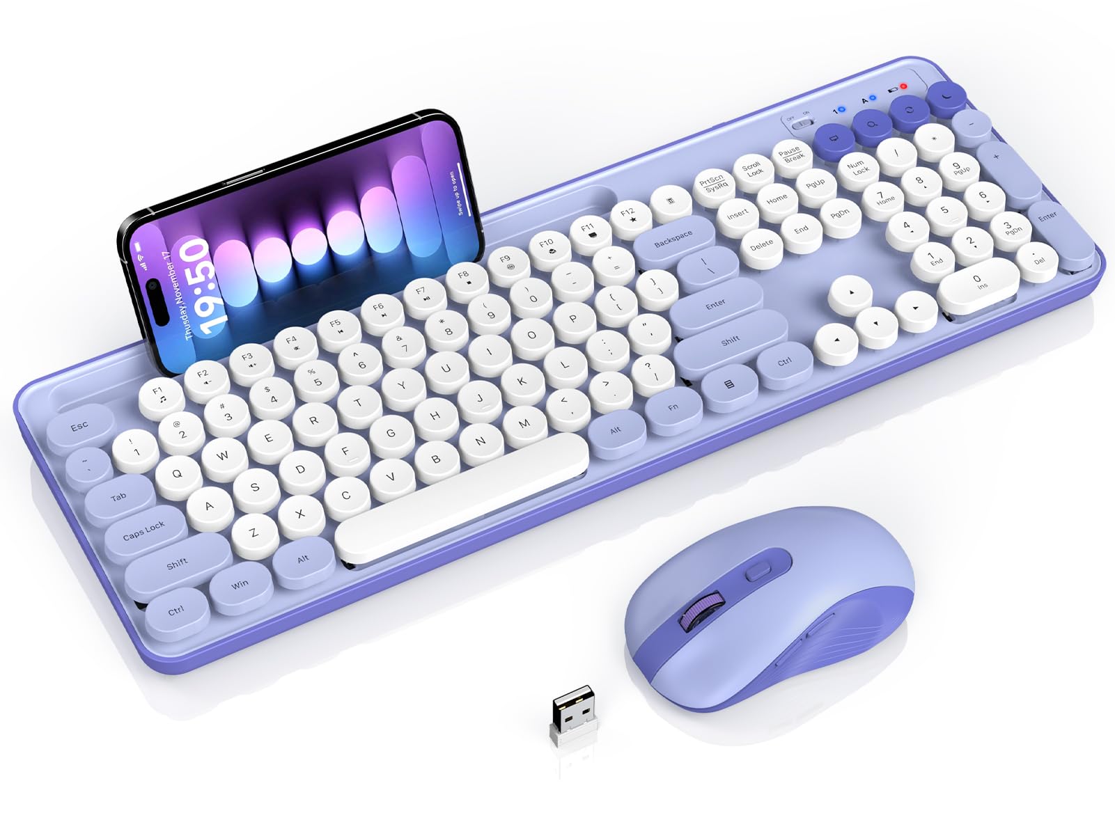 Wireless Keyboard and Mouse Combo, Retro Round Keycap Typewriter Keyboard with Phone/Tablet Holder, Cute Colorful Keyboard for Computer/Laptop/Windows/Mac by SABLUTE, Purple