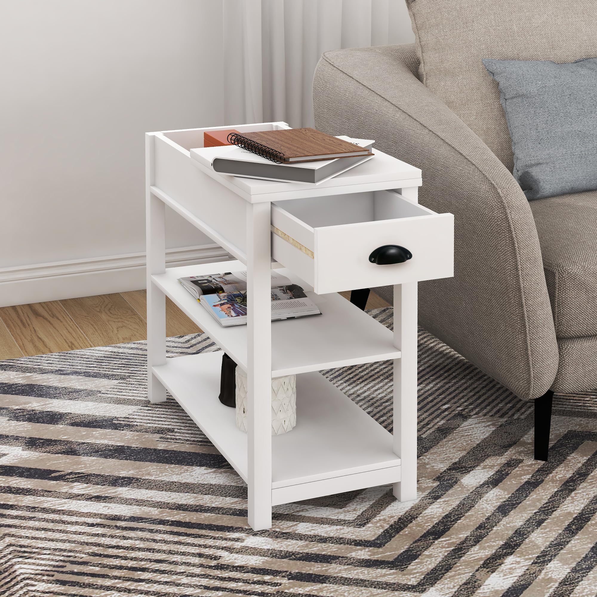 Narrow Flip Top End Table - LifeSky Slim End Table with Drawer - End Tables with Storage for Small Spaces Living Room White