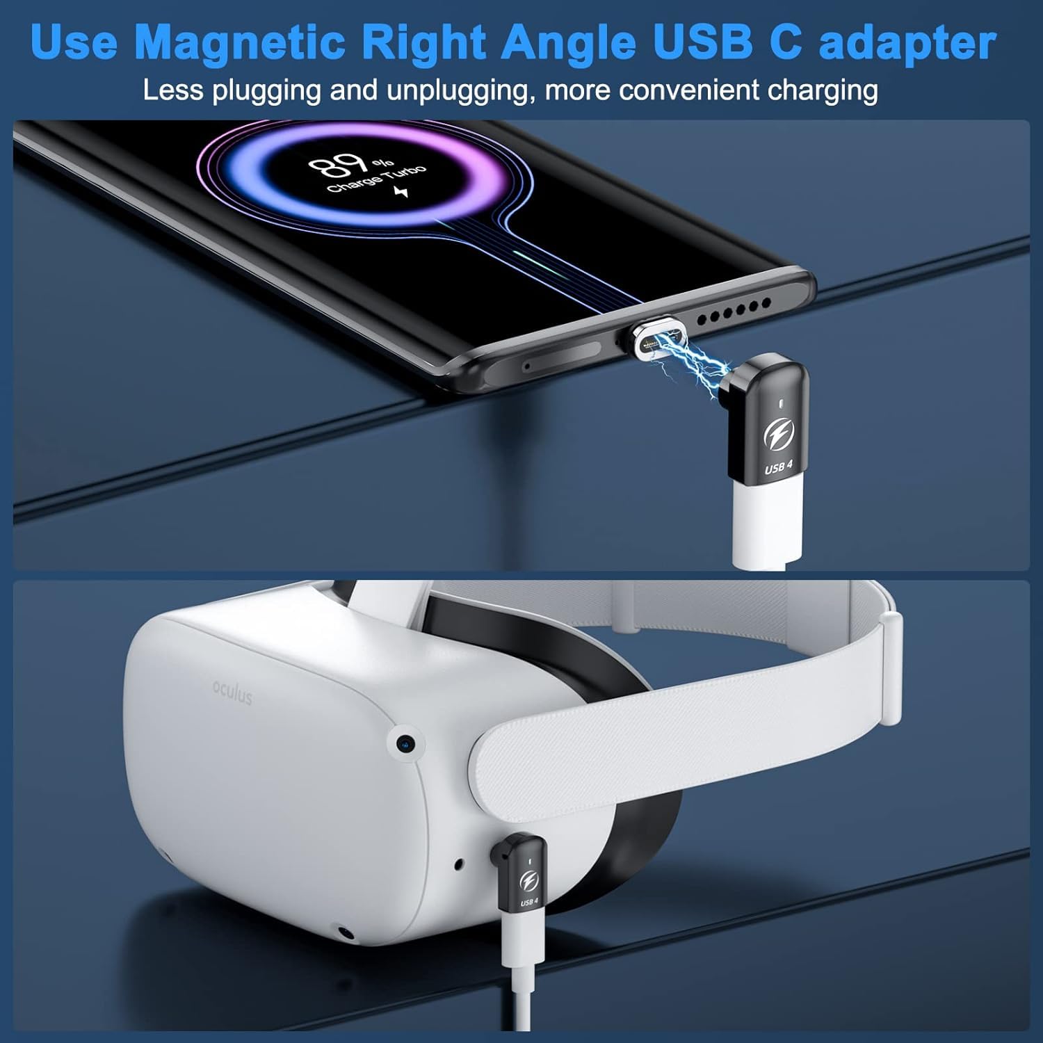 DuHeSin USB C Magnetic Adapter Right Angle, (1 Pack) 24 Pins with PD 140w USB4 40Gbps 8K 60Hz for Thunderbolt 3/4, MacBook Pro/Air, RoG Ally, Steam Deck, Swtich and More Type C Devices