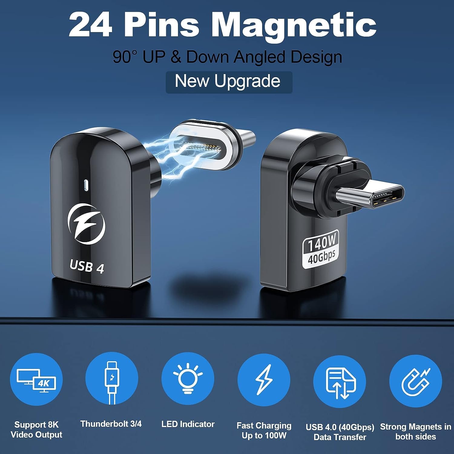 DuHeSin USB C Magnetic Adapter Right Angle, (1 Pack) 24 Pins with PD 140w USB4 40Gbps 8K 60Hz for Thunderbolt 3/4, MacBook Pro/Air, RoG Ally, Steam Deck, Swtich and More Type C Devices