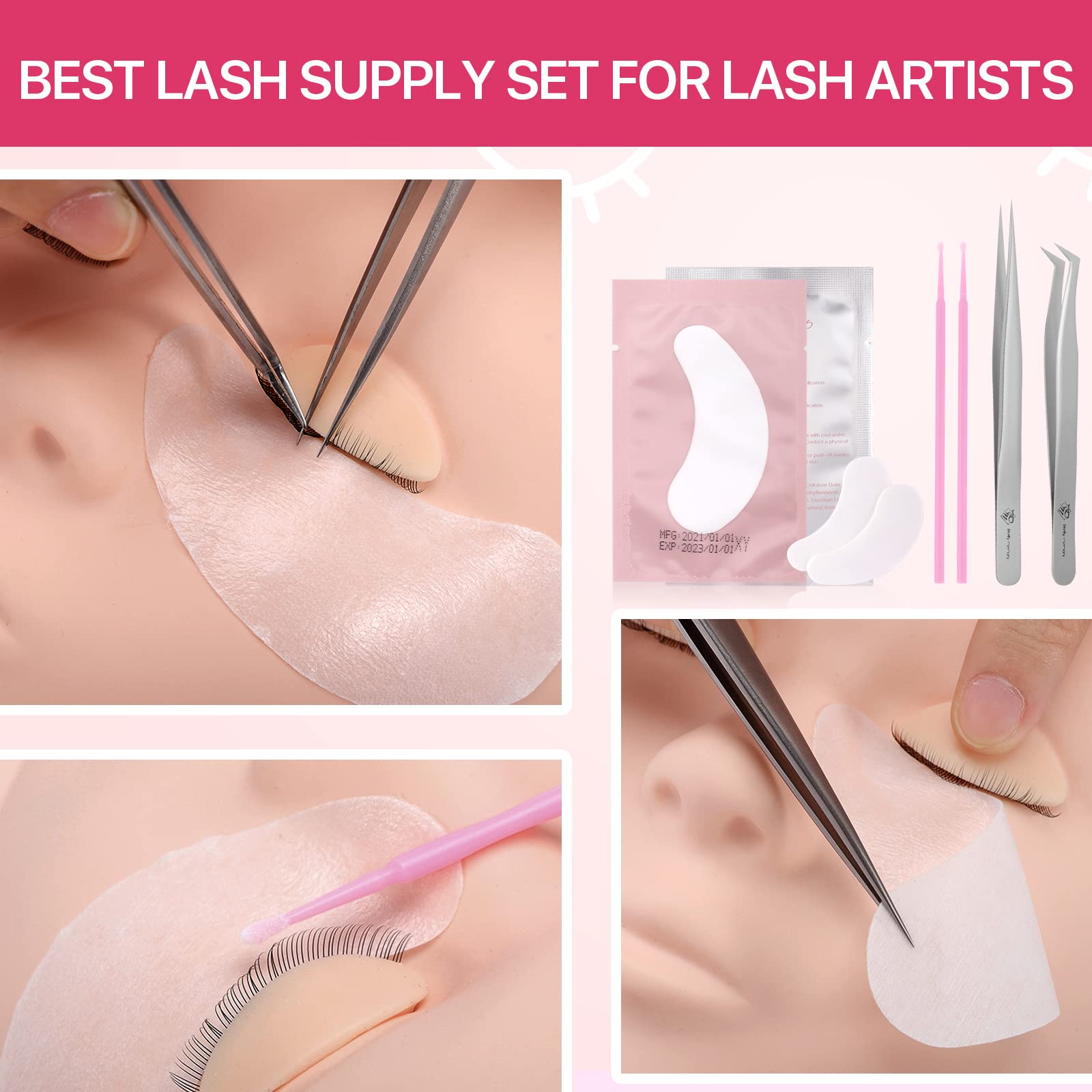 Pretty memory 152 PCS Eyelash Extension Kit with Lash Mannequin Head, Lash Training Kit for Beginners with Fan, Eyelash Extension Glue and Remover Cream, Tweezers for Practice