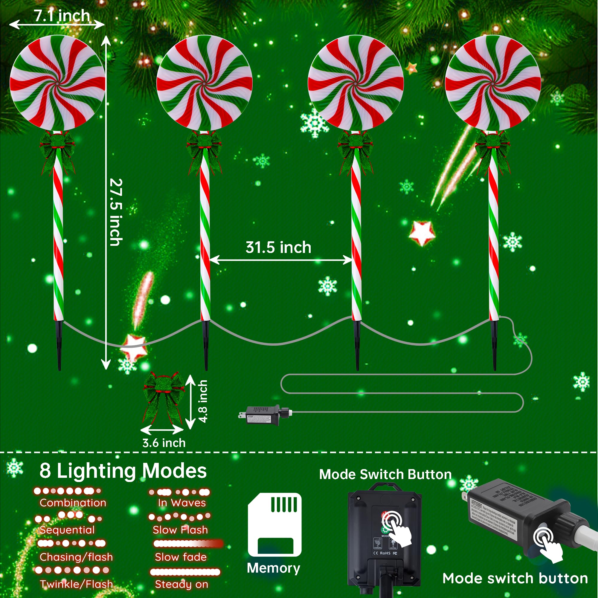 4 Pack 27.5" Lollipop Peppermint Christmas Pathway Lights Outdoor with Bow, Green Red White 80 LED Solar Candy Cane Lights 8 Modes Waterproof, Walkway Markers for Xmas Outsides Garden Yard Decoration