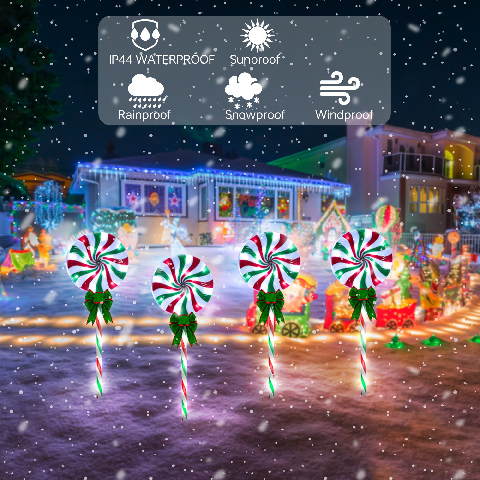 4 Pack 27.5" Lollipop Peppermint Christmas Pathway Lights Outdoor with Bow, Green Red White 80 LED Solar Candy Cane Lights 8 Modes Waterproof, Walkway Markers for Xmas Outsides Garden Yard Decoration