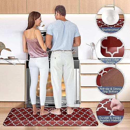 RAYPUR 0.47 InchThick Anti Fatigue Mat , Heavy Duty PVC Waterproof Non-Slip Memory Foam Kitchen Mat , for Kitchen, Office, Sink,Red-17.3×47""