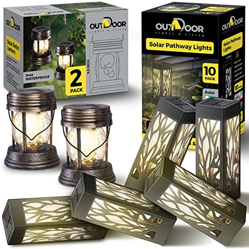 10 Pack Solar Pathway Lights + 2 Pack Hanging Solar Lights Outdoor Waterproof - Waterproof Outdoor Garden Lights Solar Powered - LED Decorative Table Solar Hanging Lanterns Outdoor